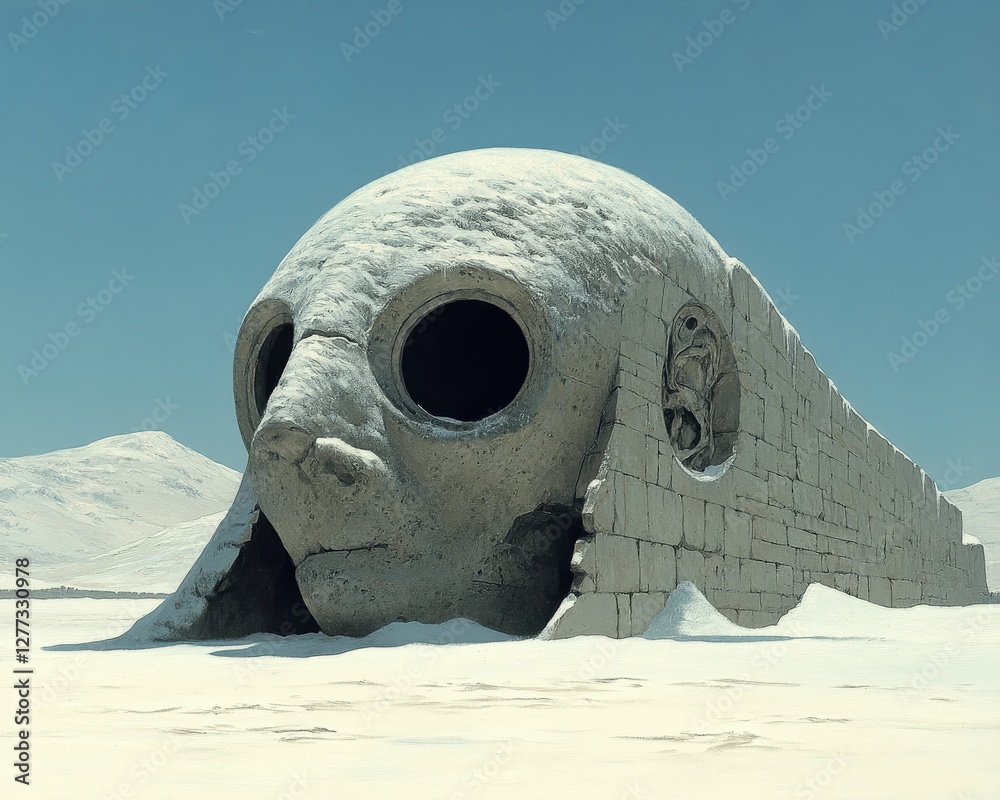 Mysterious Giant Stone Skull Structure in Snowy Desert Landscape with ...