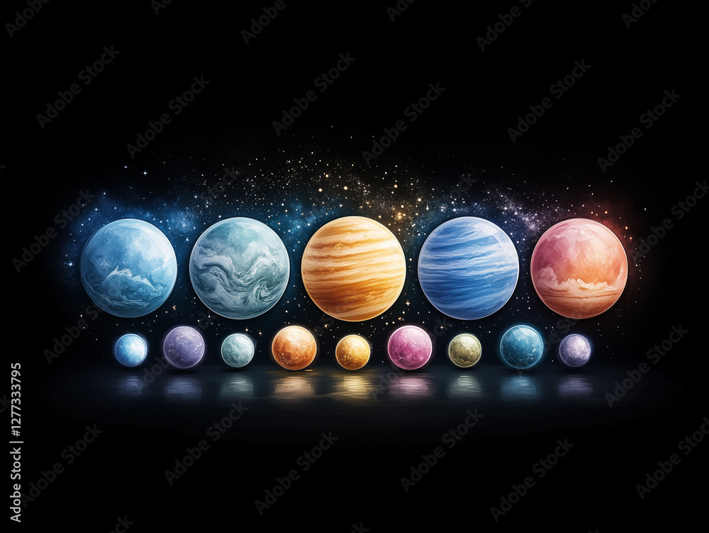 Pure black background featuring 10 planet logos, each in a different ...