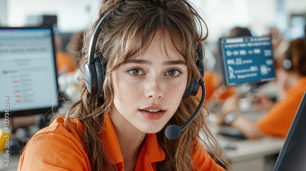 Engaging in a busy call center, a young woman wearing a headset ...