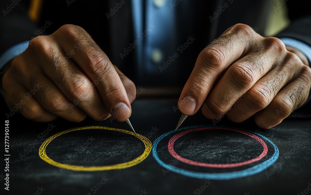 A business consultant drawing two circles on a blackboard, forming a ...