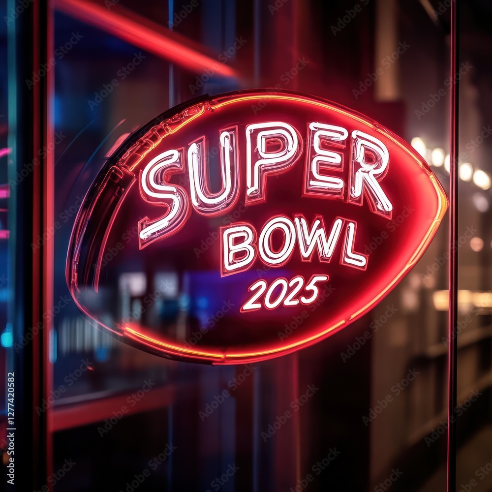 Neon Super Bowl 2025 Football Sign with Glowing White Letters on Dark ...