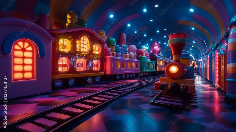 Stock-Foto „whimsical candyland train station where glowing candy cane ...