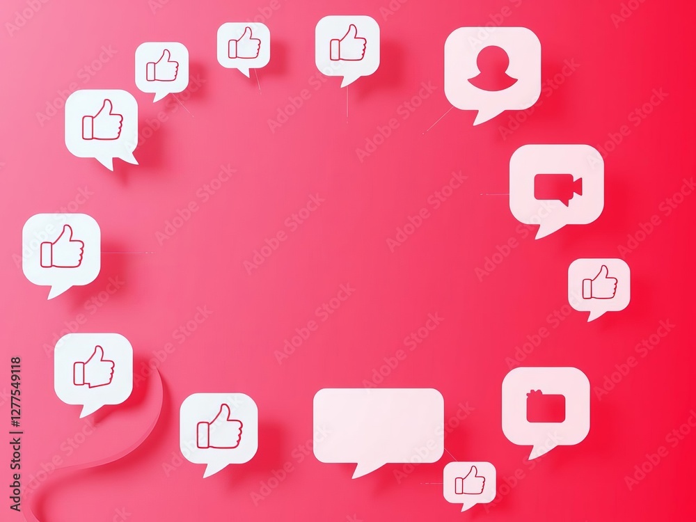 Overhead view of red social media like symbols and speech bubbles ...