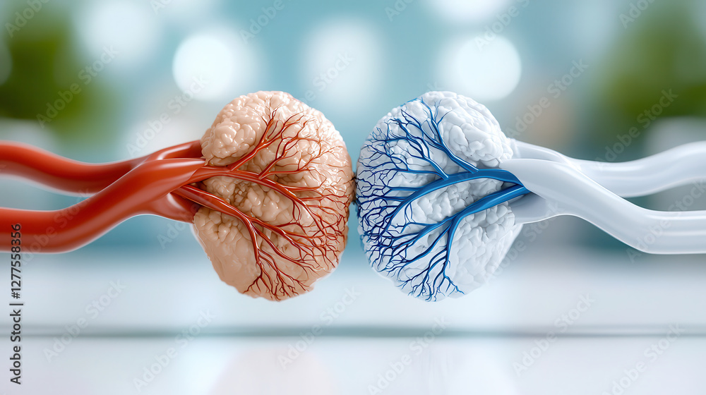 conceptual image of two brains connected by blood vessels, one natural and one AI optimized ...