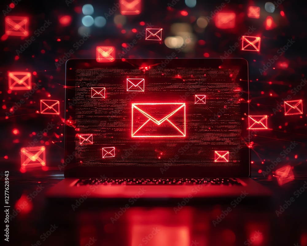 Red alert symbol displayed on a laptop screen with email icons floating ...