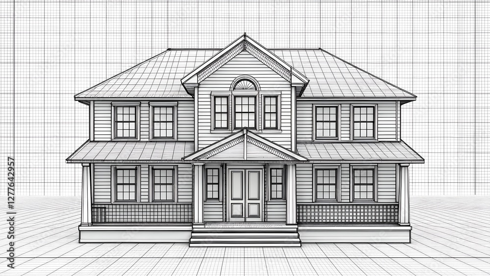 Wireframe architectural drawing of a classic two-story cottage with a ...
