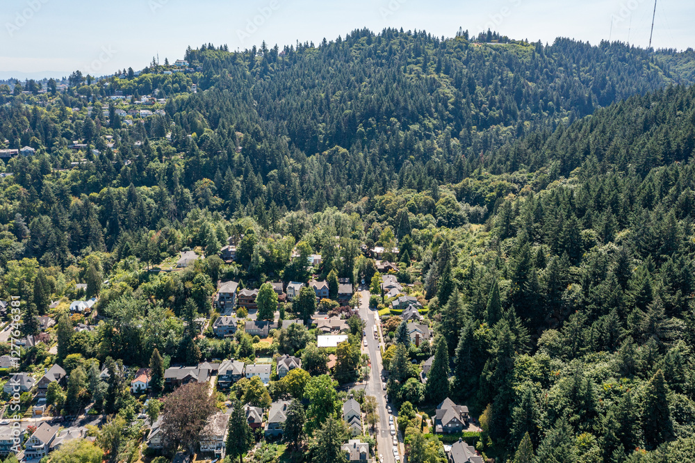 Aerial drone view of Northwest Portland, Oregon, showing Forest Park ...