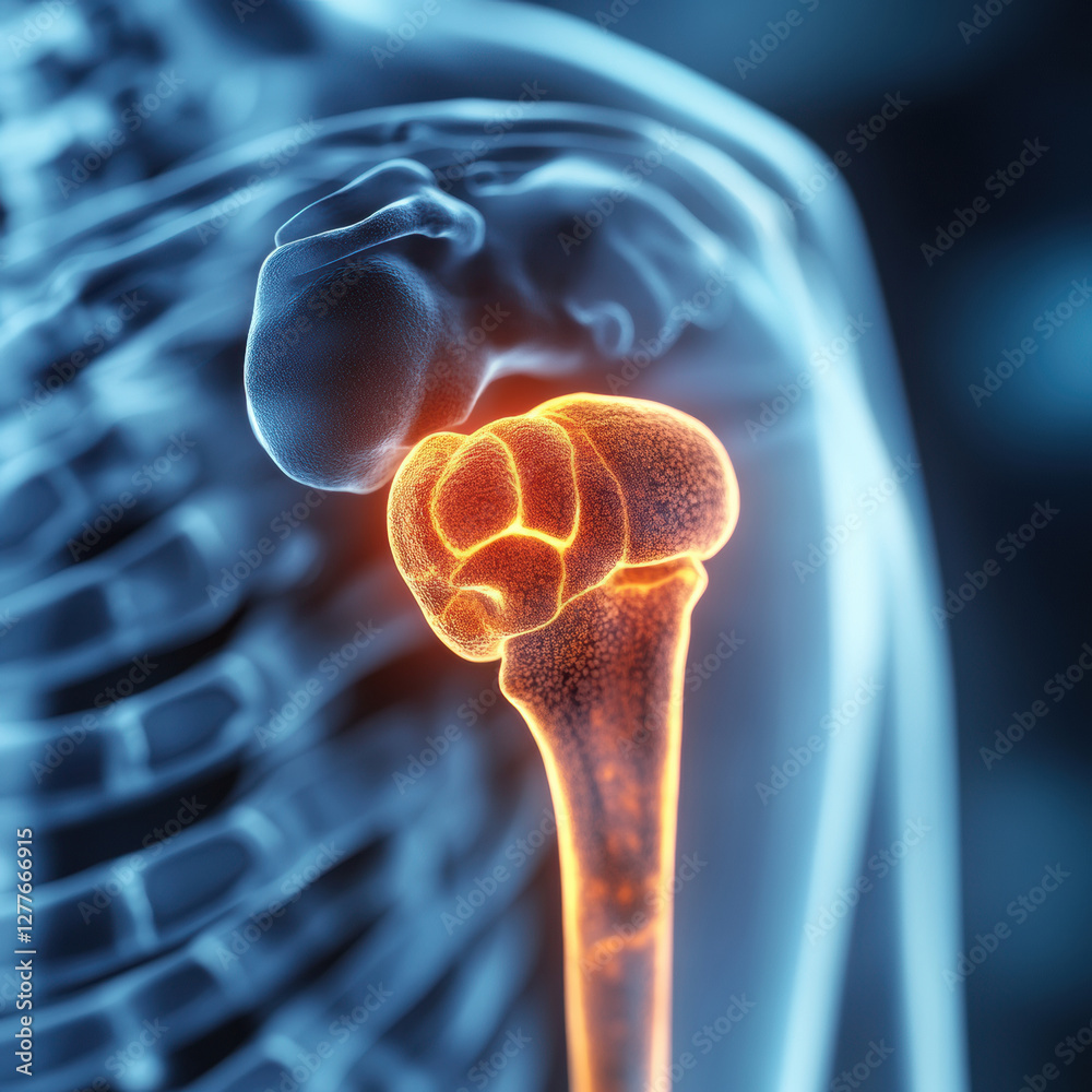 Anatomical illustration of human shoulder joint, highlighting bones and ...