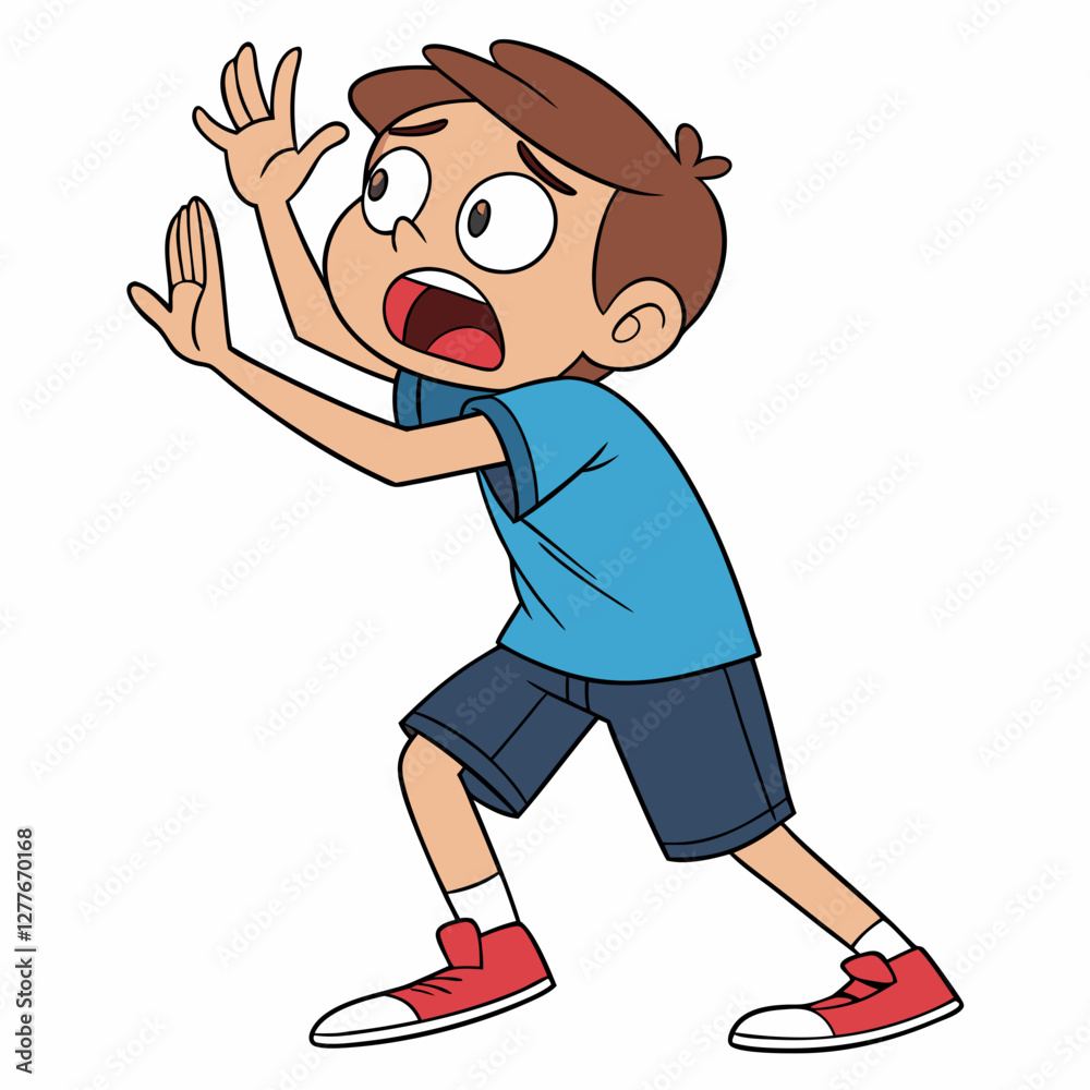 Cartoon Boy in Utter Panic Reaching Outwards with Apprehensive ...