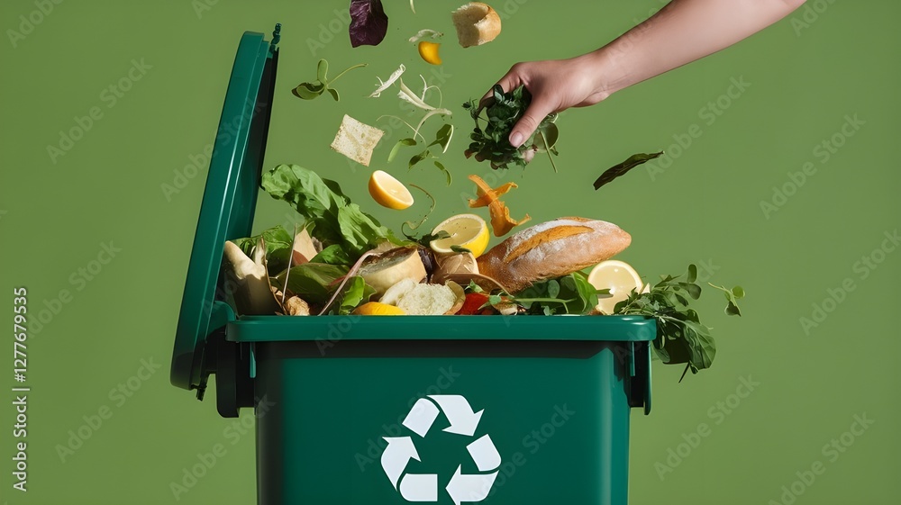hand putting a food waste, yard waste in green organic recycling bin ...