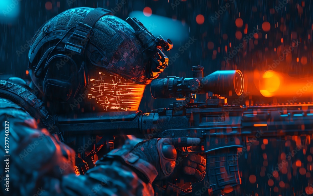 Nighttime soldier using futuristic technology, illuminated by glowing ...