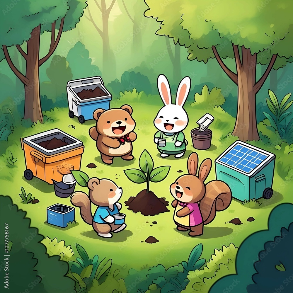 Cartoon character children in the forest for save environment save soil ...