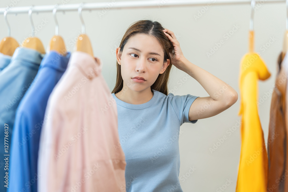 Foto de Stock Choose clothes, girl try on apparel, worry choosing dress ...