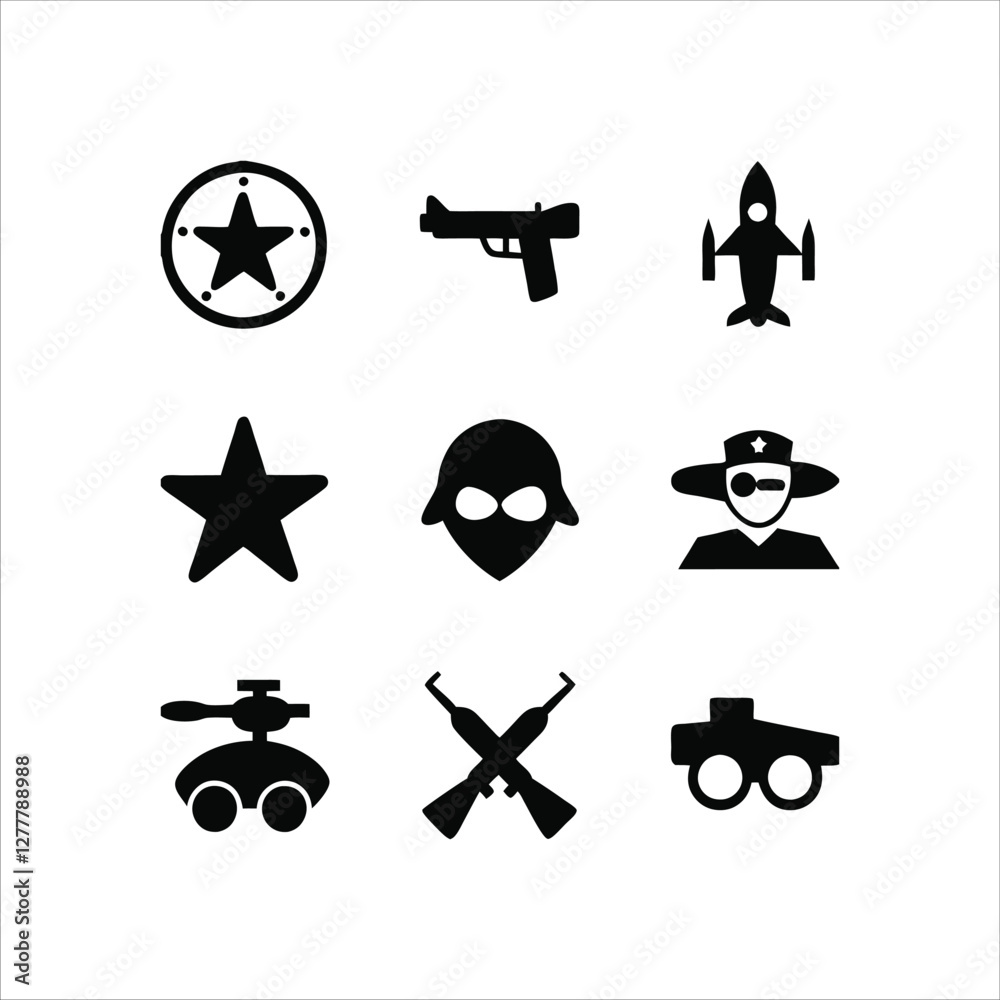 Set of nine black and white military-themed icons, including a soldier ...