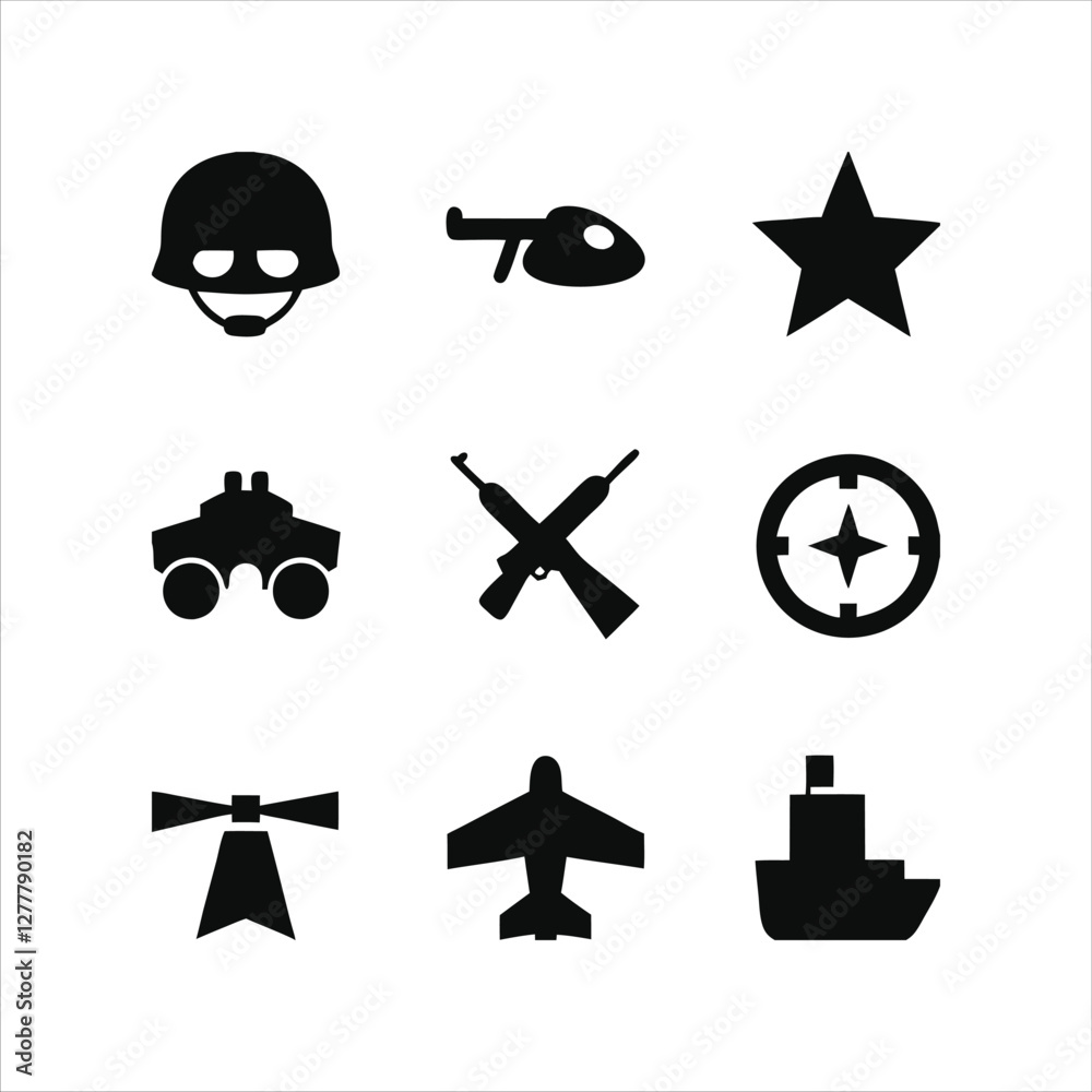 Set of nine black and white military-themed icons, including a soldier ...