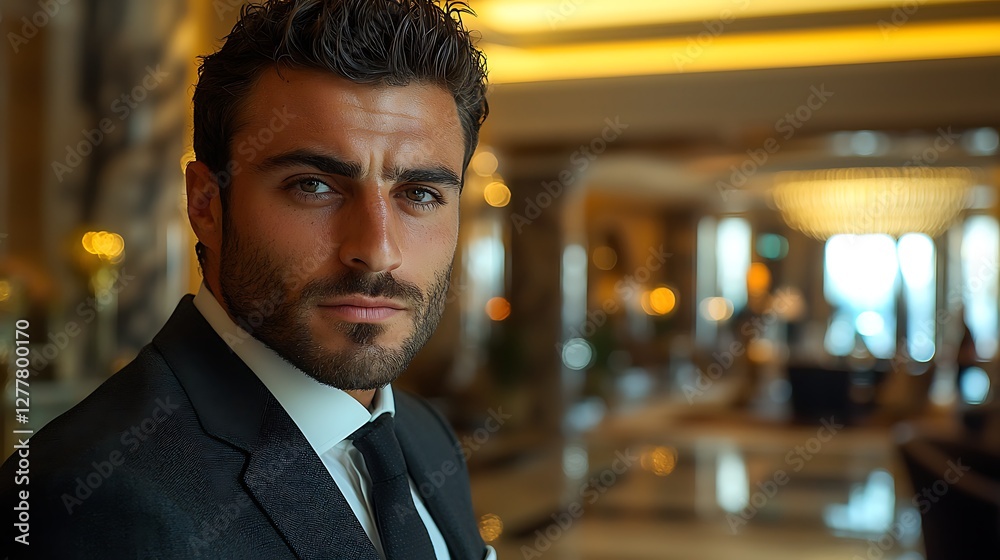 Cinematic portrait of an attractive italian man in a suit luxury hotel ...