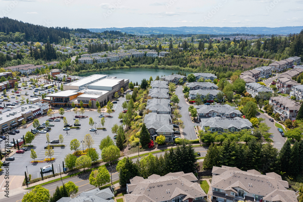 Aerial drone view of Beaverton, Oregon, featuring Progress Lake Park ...
