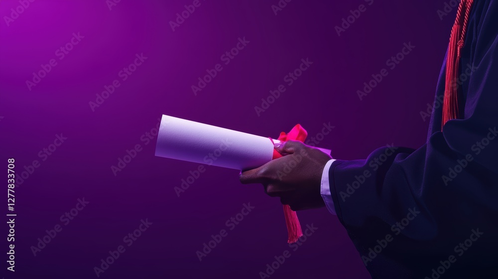 Hand graduates holding diploma Over purple Studio Background. from left ...