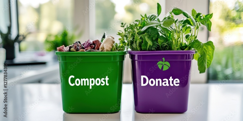 waste management, two labeled bins with food leftovers on a kitchen ...
