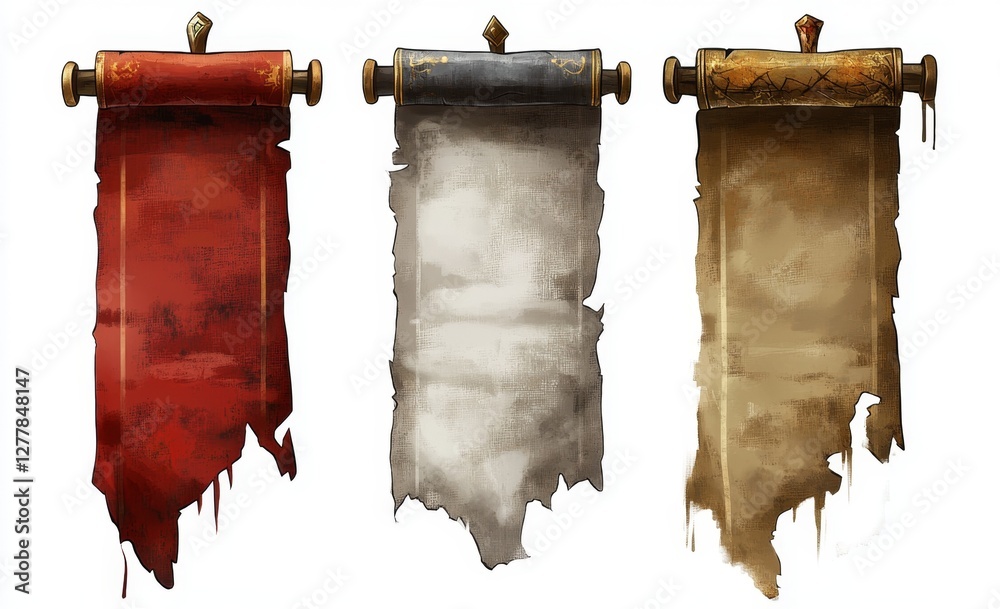 Torn scrolls, game asset, medieval setting, blank templates Stock Photo ...