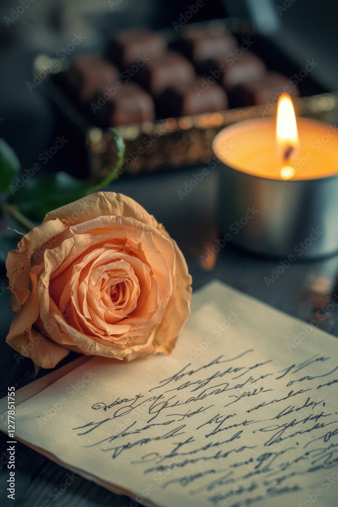 Romantic scene with a rose, chocolates, candles, and a handwritten ...