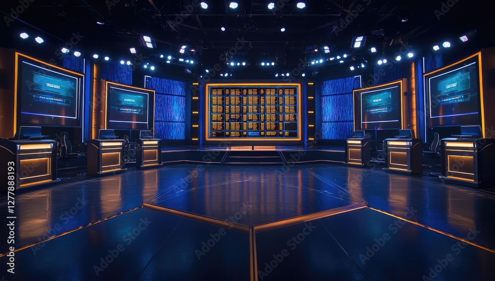 Empty quiz show studio, modern, blue, gold set, waiting Stock Photo ...