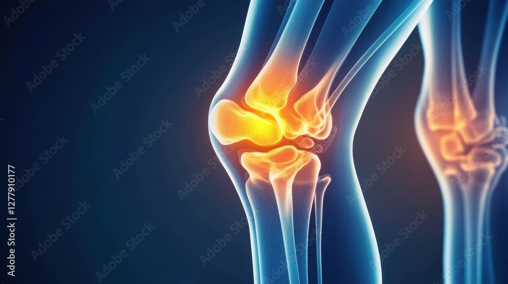 An X-ray of a human knee joint, highlighting the femur, tibia, and ...