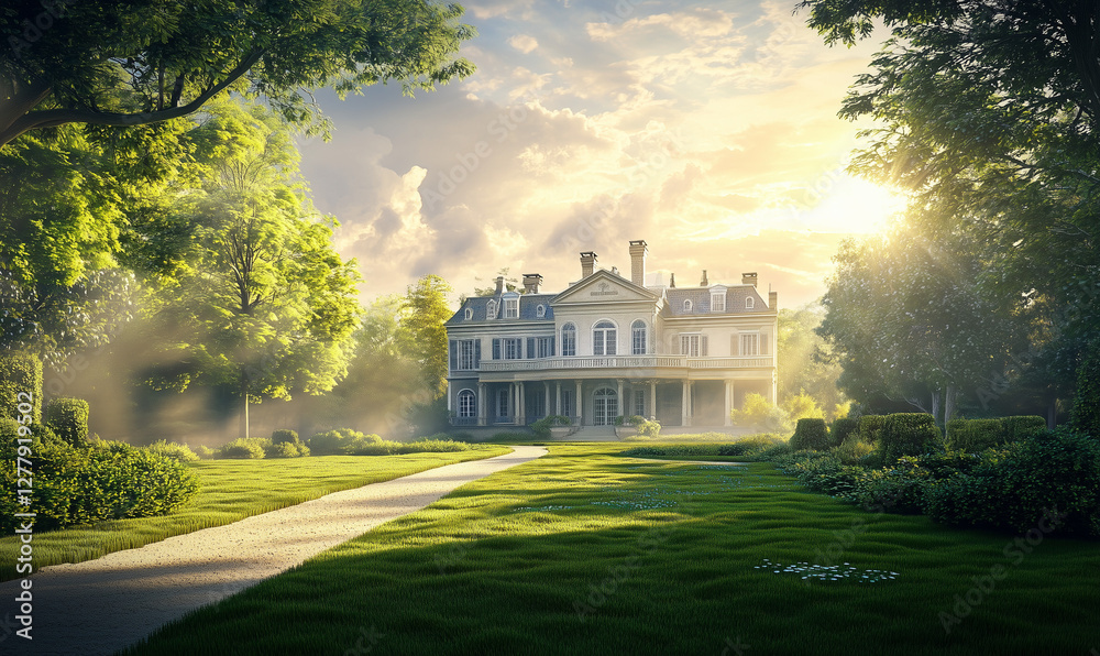 High-class mansion with an impressive portal and lush lawns ...