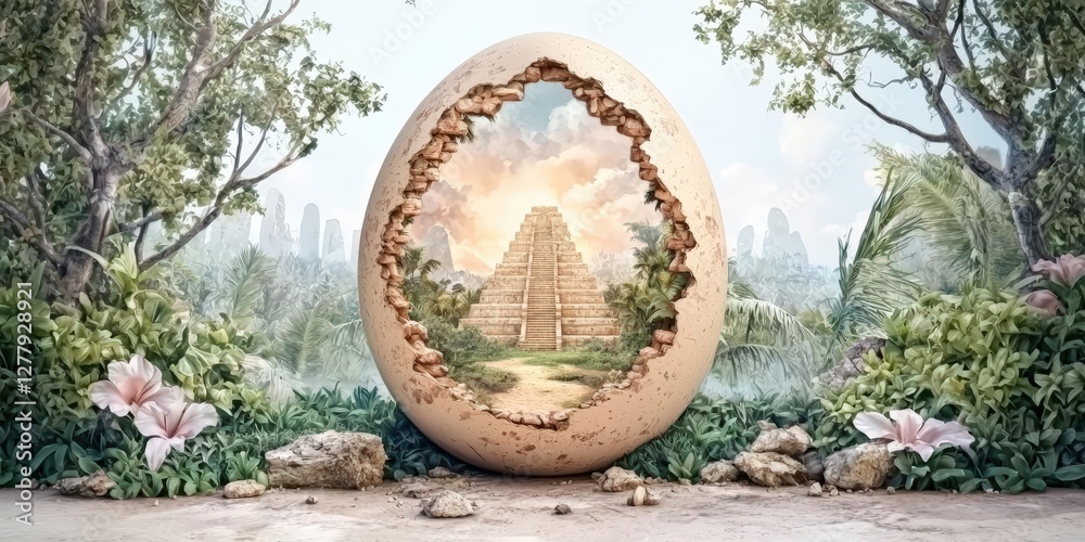 3d Easter egg with an ancient Mayan pyramid scene - A historical Easter ...