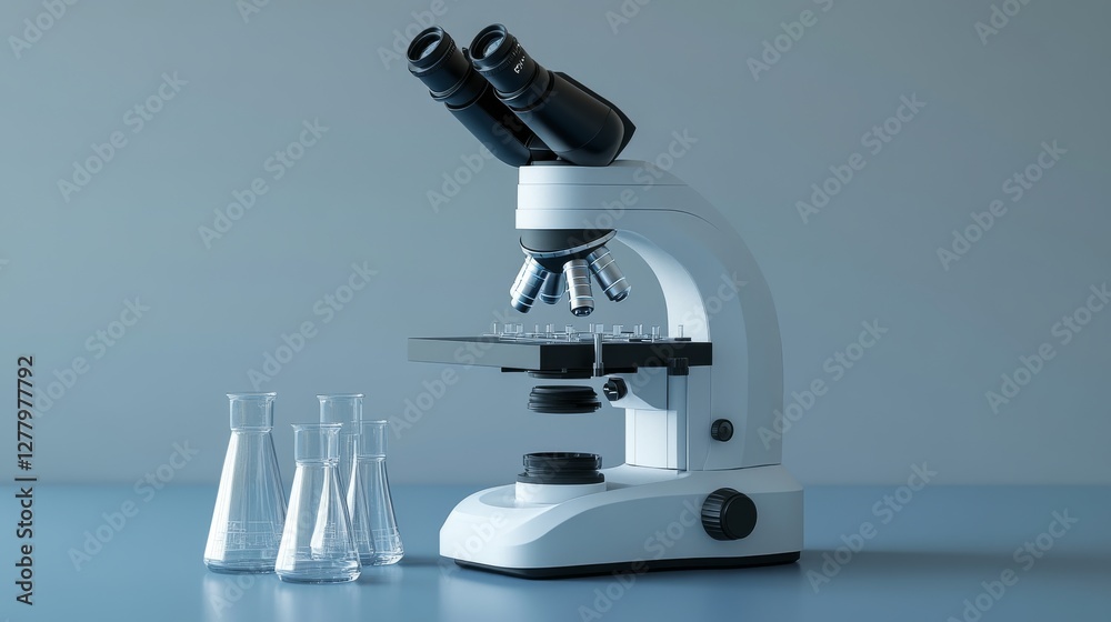Microscope with laboratory glassware in science lab, biotechnology ...