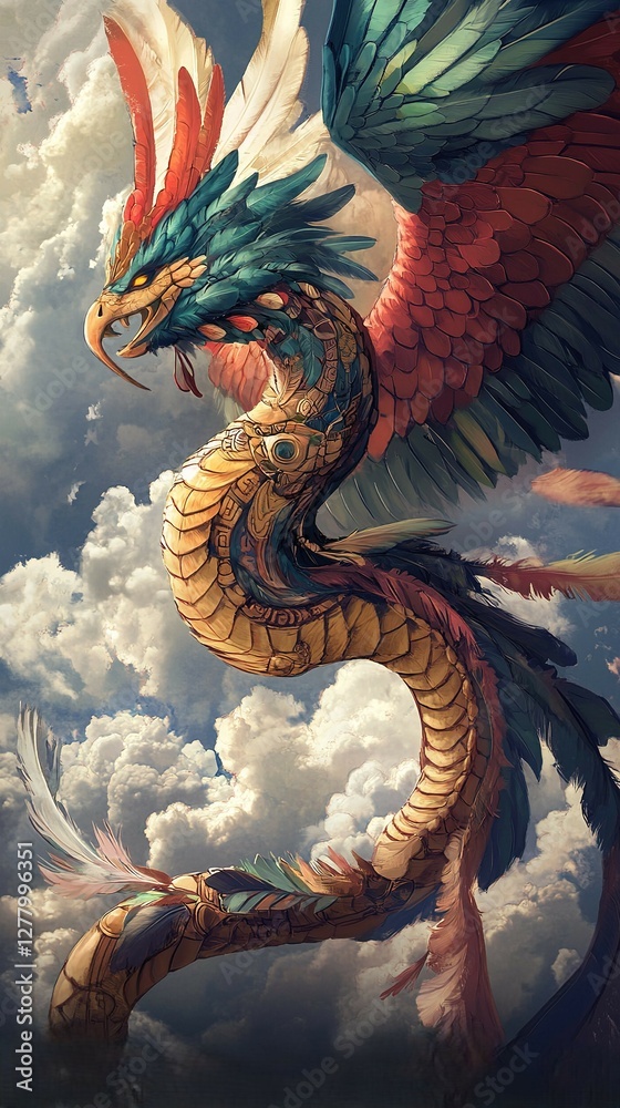 Quetzalcoatl, the Aztec feathered serpent god, coils through the sky ...