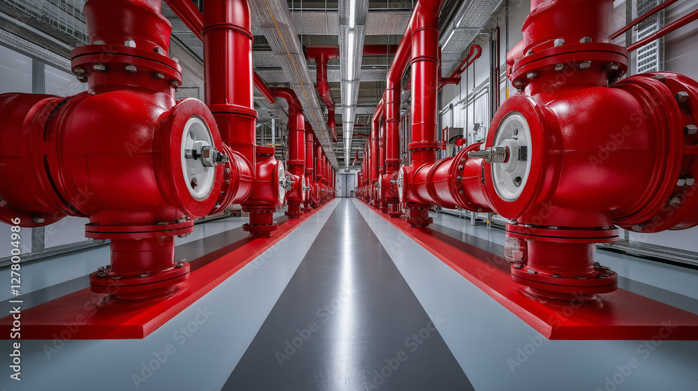row of industrial red fire suppression pipes in modern facility ...