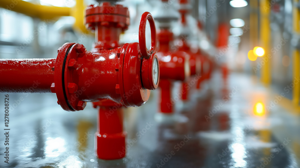 row of red industrial pipes with valves in brightly lit facility ...