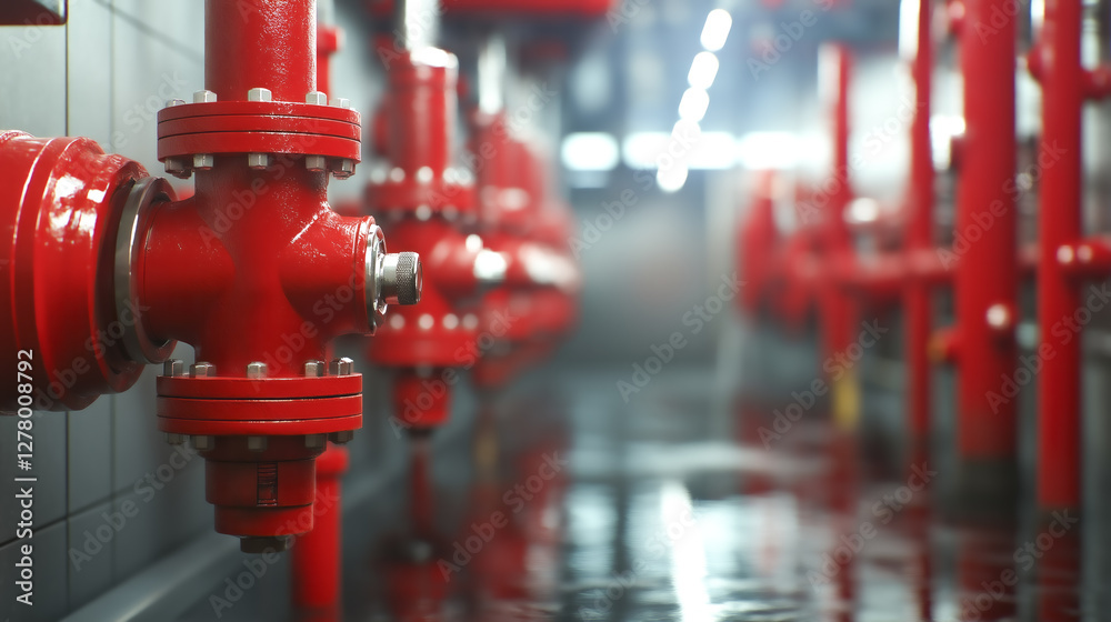 Red fire suppression system pipes in industrial setting with reflective ...