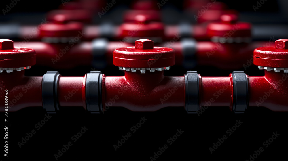 Red industrial pipes with valves are aligned row, showcasing complexity ...