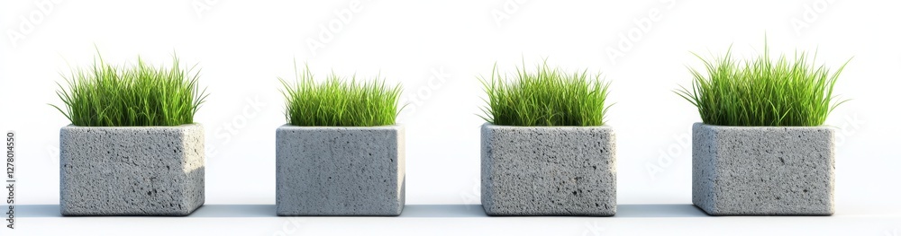 Four potted grasses, growth stages, white background, website banner ...