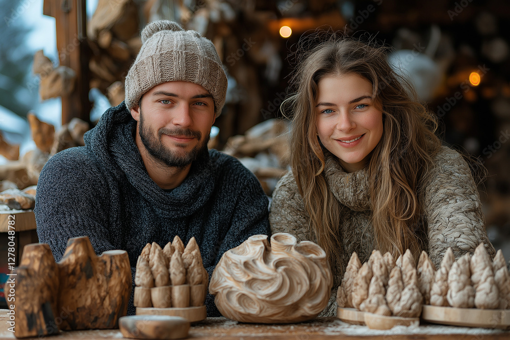 A couple working together on a wood carving project, using traditional ...