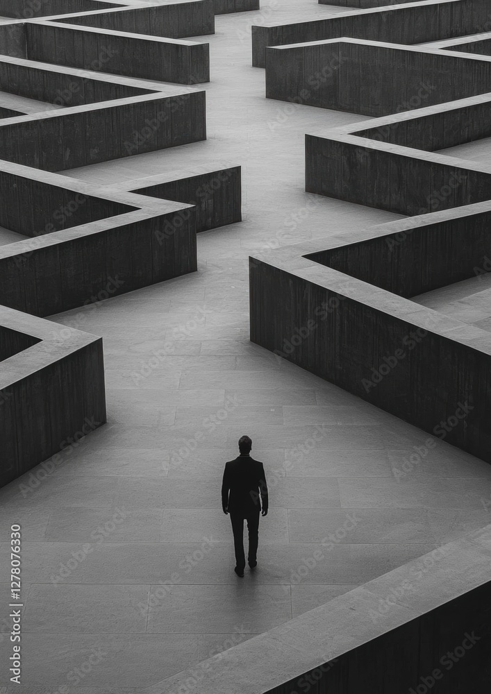 Black and white photograph of a man walking through a maze-like ...