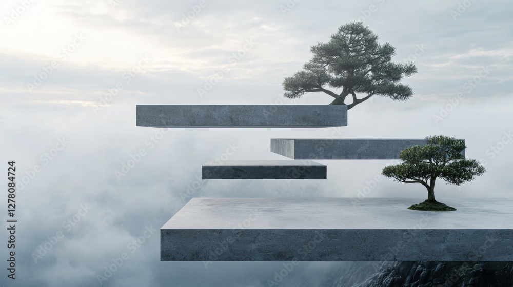Three-tiered concrete structure with a tree on top of it. the structure ...