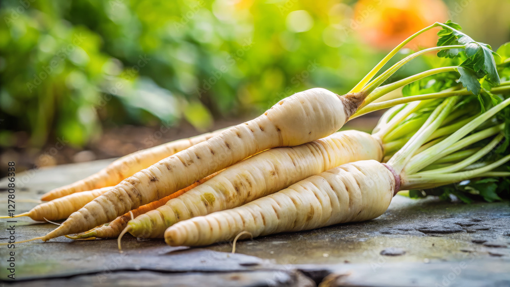 Fresh parsnips with creamy white skin, resting on a stone surface ...