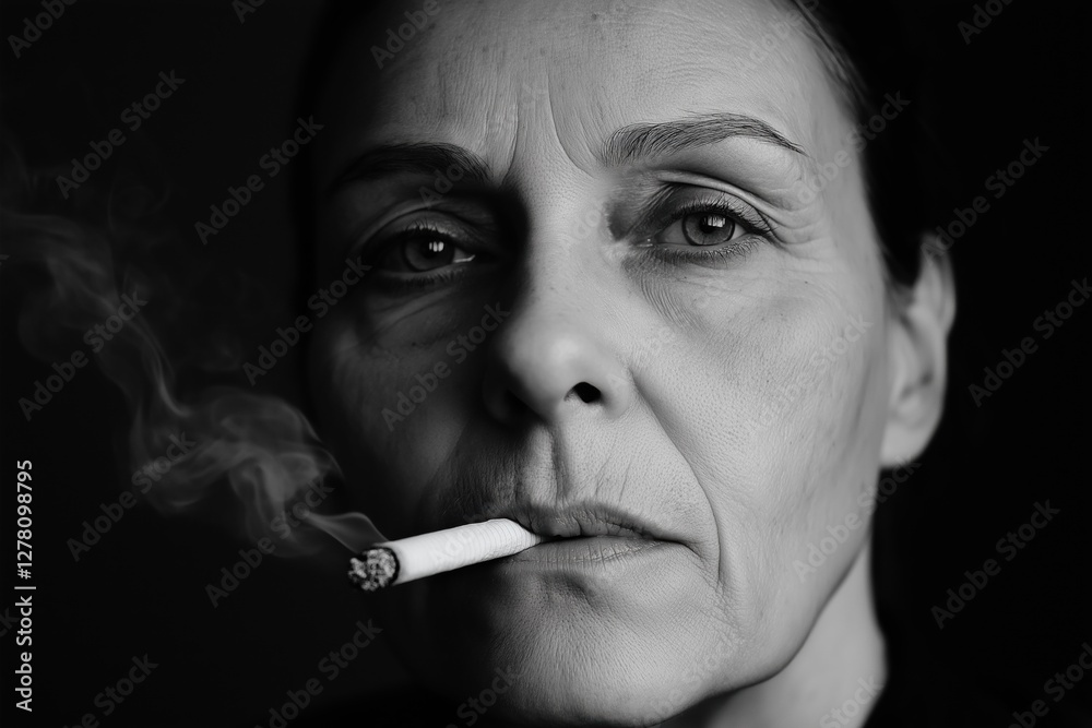 A woman is smoking a cigarette and the smoke is coming out of her mouth ...