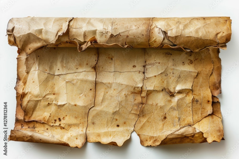 An aged, crumpled parchment scroll, exhibiting signs of significant ...
