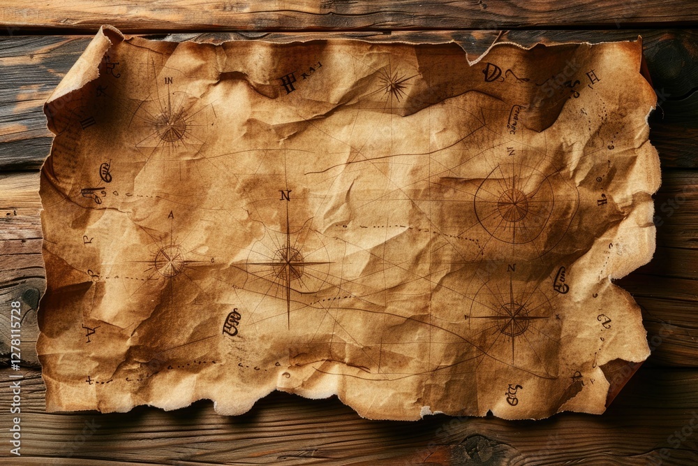 Aged treasure map with compass rose, plotted course, and cryptic markings on aged parchment ...