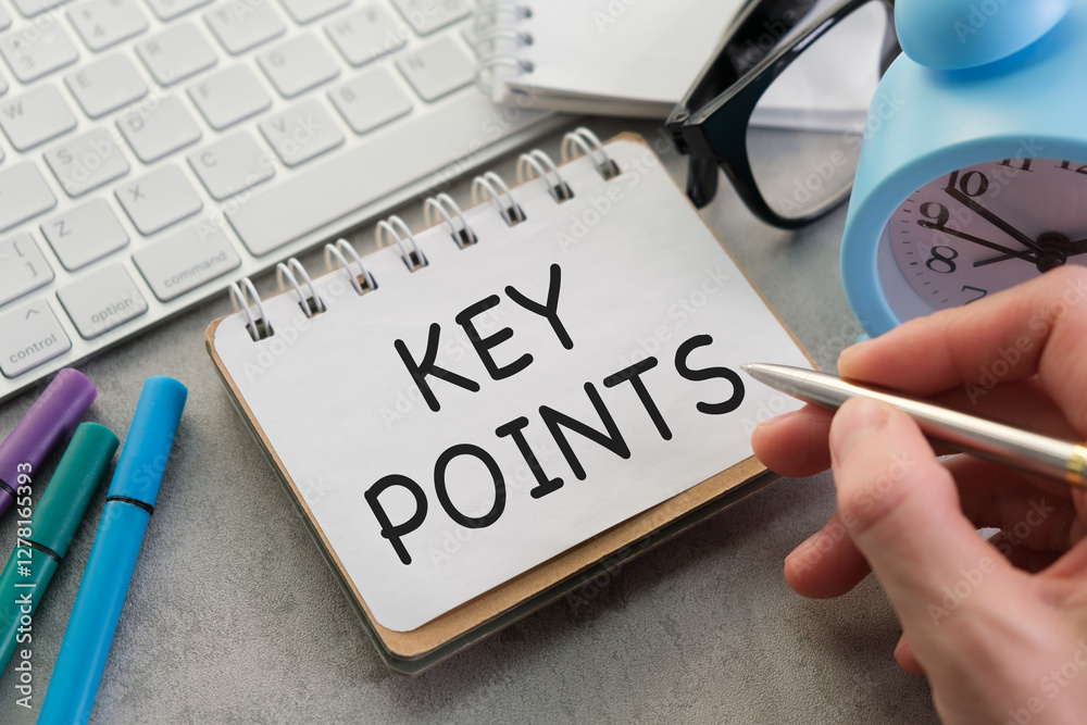text KEY POINTS on the short note texture background with pen Stock ...