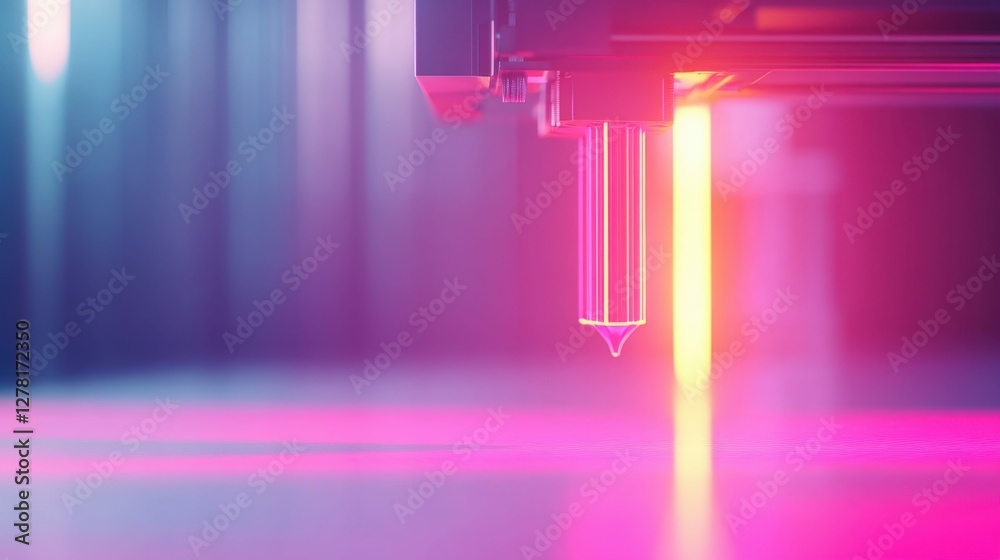 3D printer producing a detailed object layer by layer, illuminated by glowing neon light in a ...