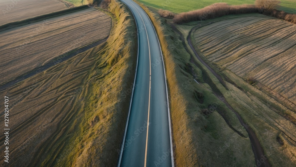Aerial View of Curved Grey Asphalt Road Through Expansive Fields with ...