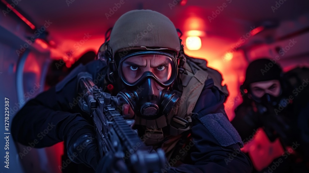 Alpha Group Operator in Black Tactical Gear, Armed and Alert in Gas ...
