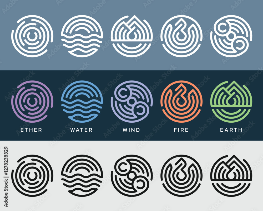 The Five elements of Ayurveda with ether, water, wind, fire and earth Abstract circle curve and ...
