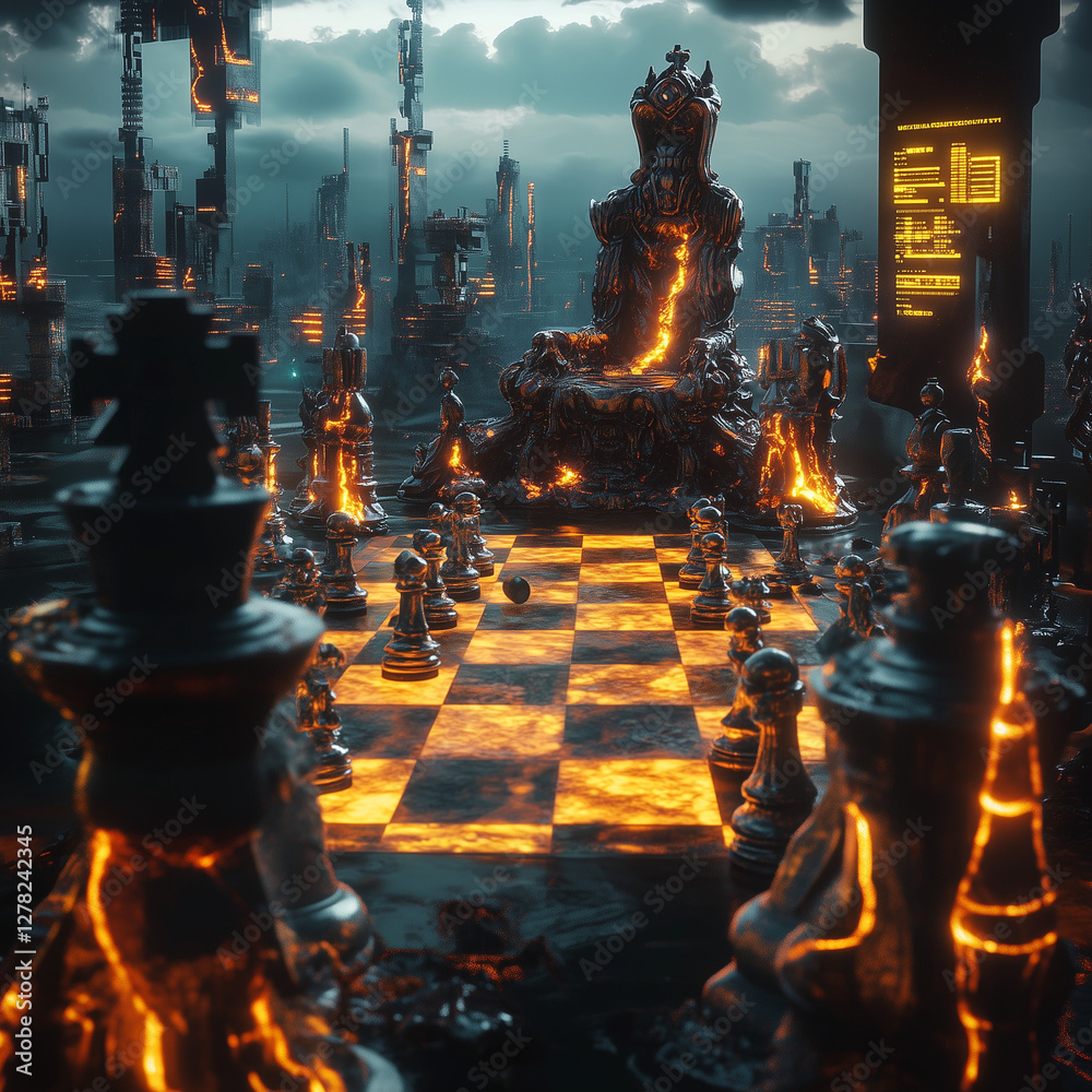 Ilustración de Stock Cyberpunk Chess Battle – Futuristic Strategy in a ...