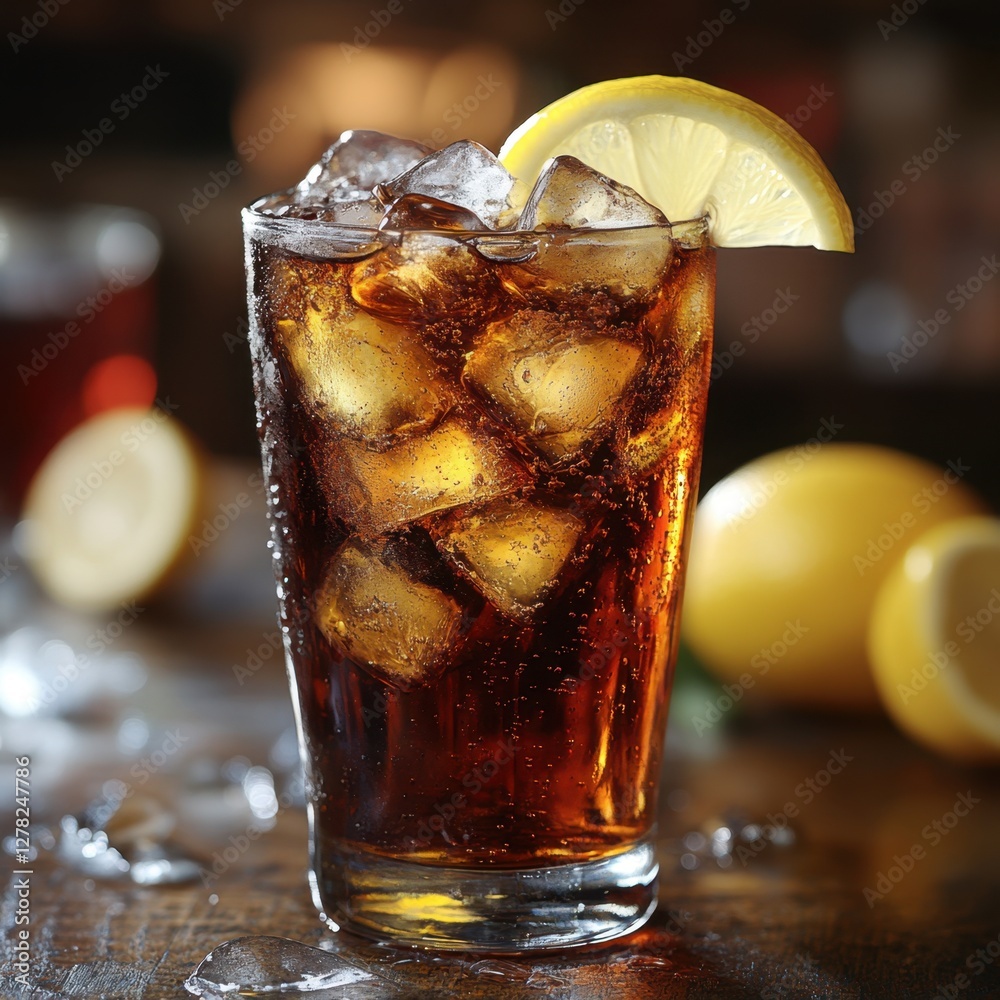 Refreshing cola drink with ice cubes and lemon slice on rustic wooden table capturing a thirst ...